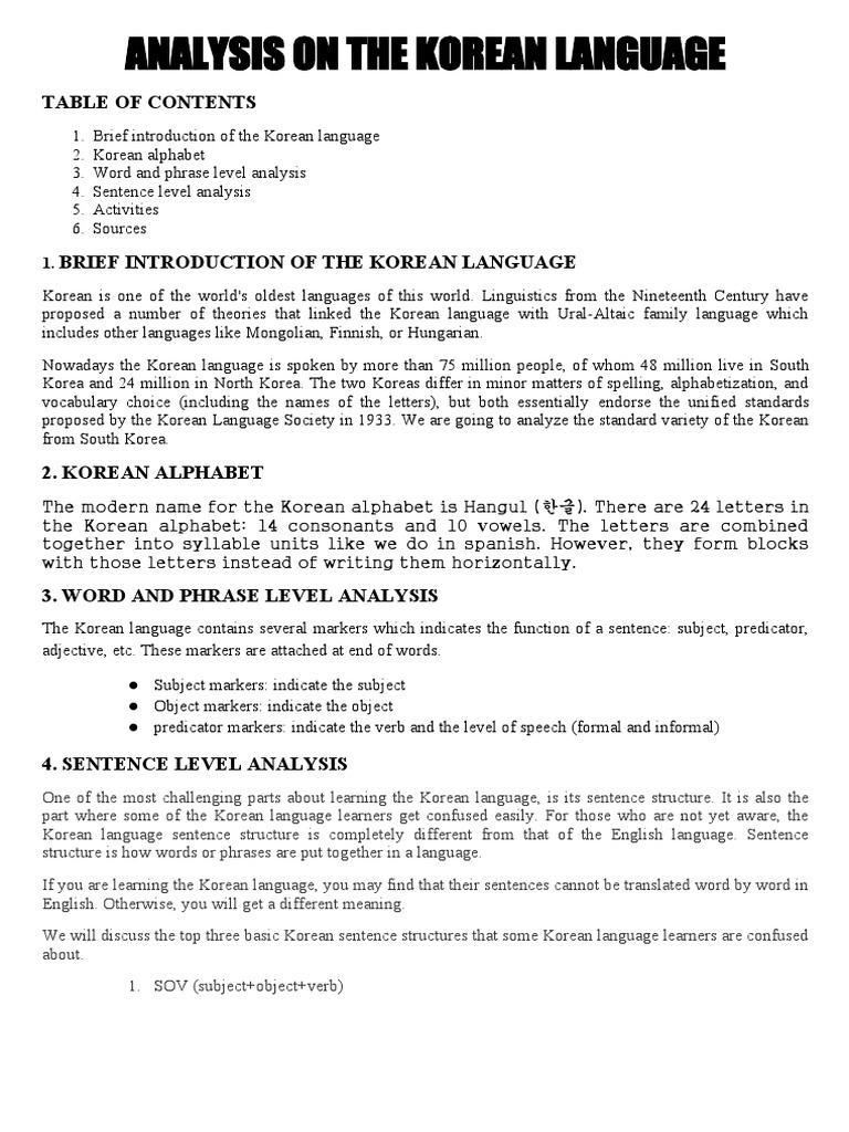 Analysis On The Korean Language | PDF | Korean Language | Word