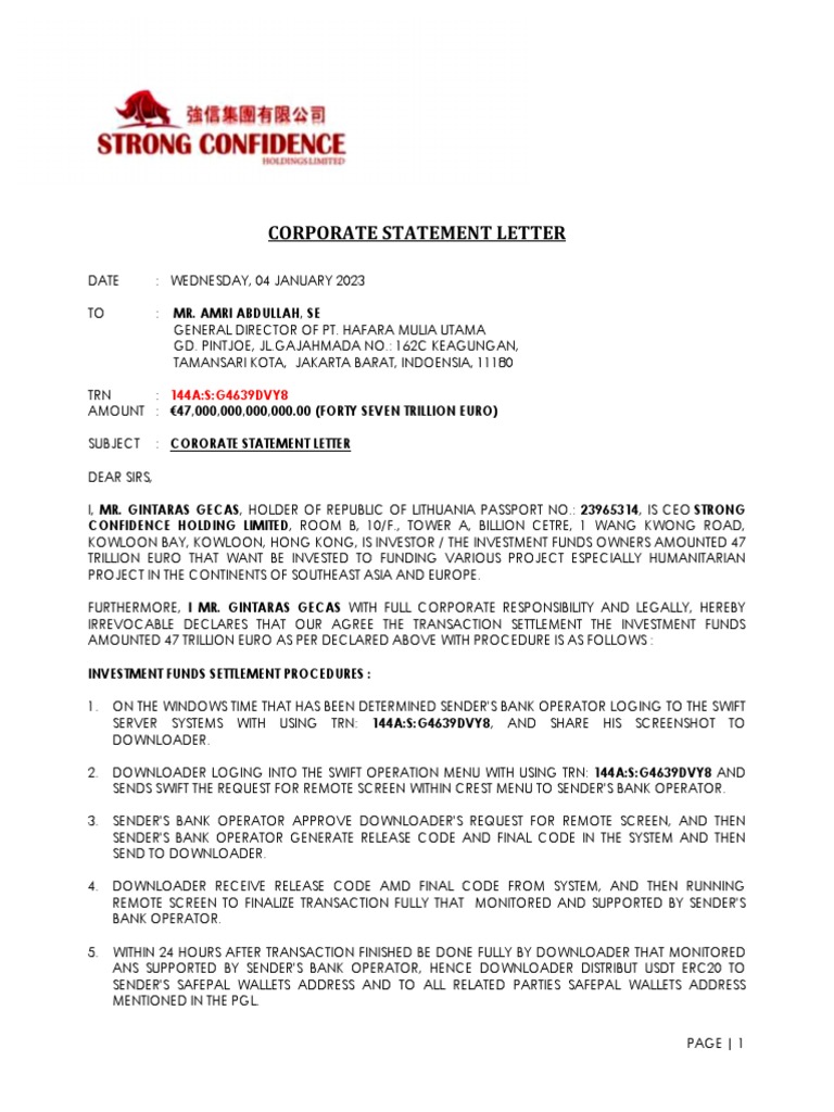 CORPORATE STATEMENT LETTER Receivers | PDF