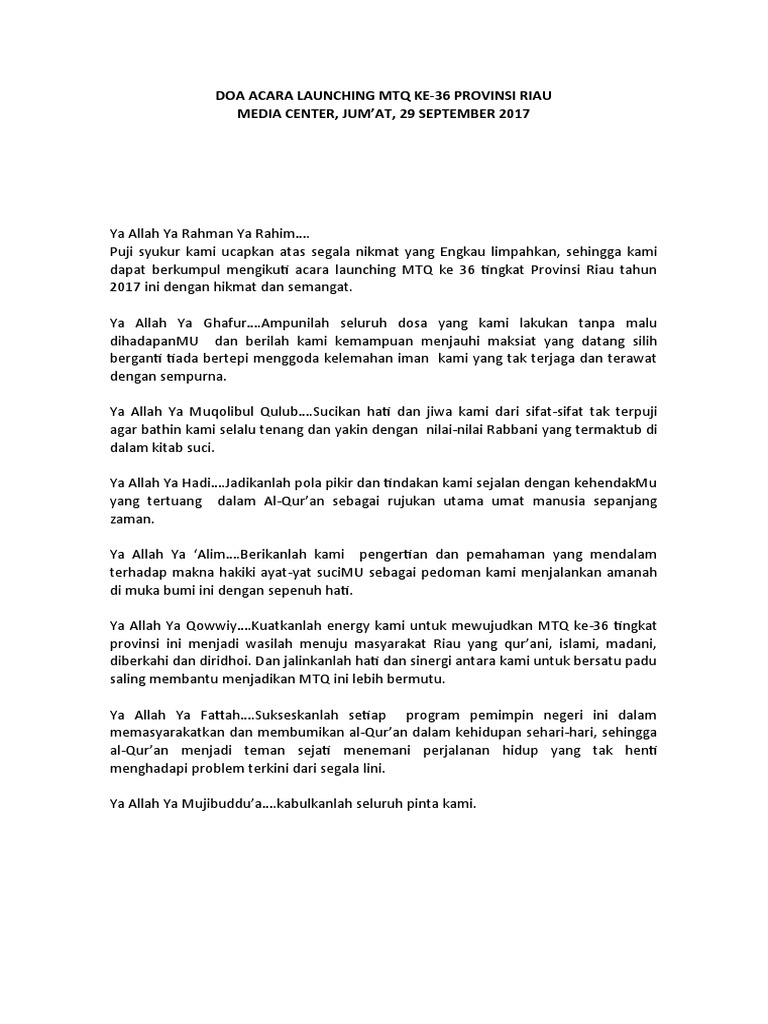 Doa Acara Launching MTQ Riau 2017 | PDF