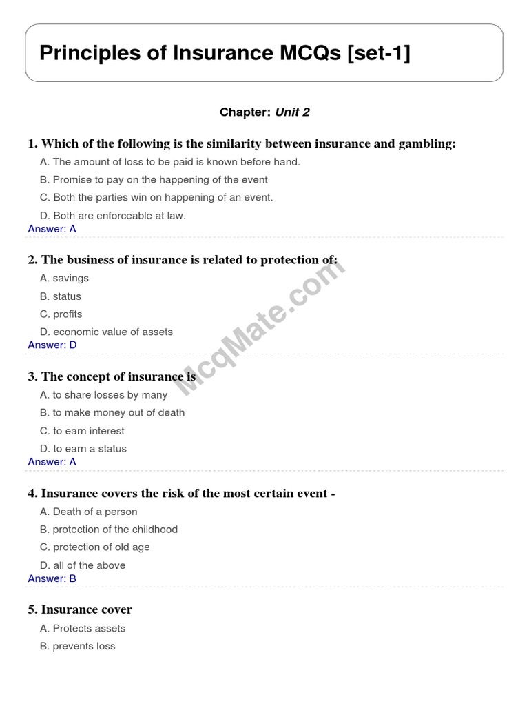 Principles of Insurance (Chapter - Unit 2) Solved MCQs (Set-1) | PDF ...