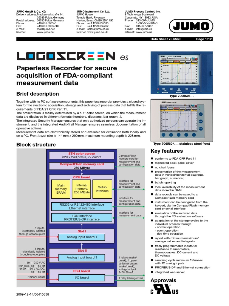 Data Sheet for JUMO Paperless Recorder Describing Technical Specifications and Features for FDA ...
