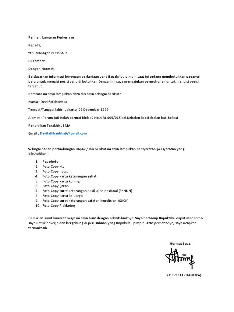 lamaran kerja devi.docx | PDF
