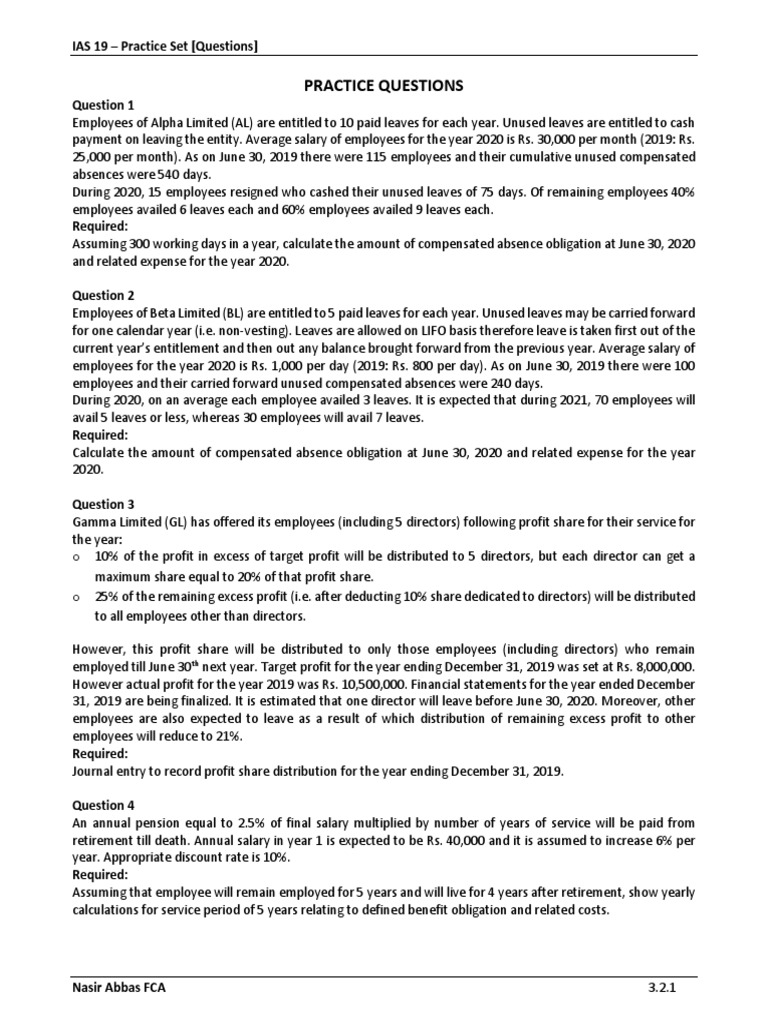 Practice Set (Questions) - IAS 19 PDF | PDF