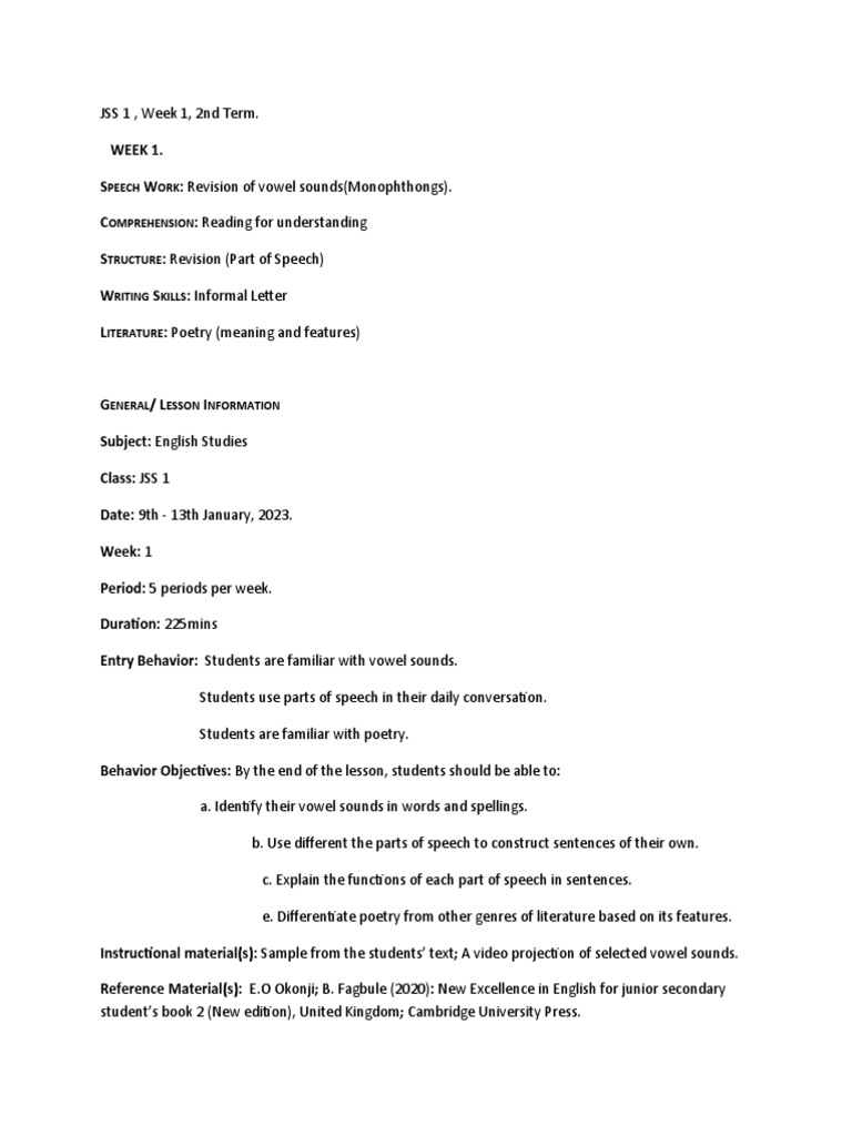 Jss 1, Week 1,-WPS Office | PDF | Language Arts & Discipline