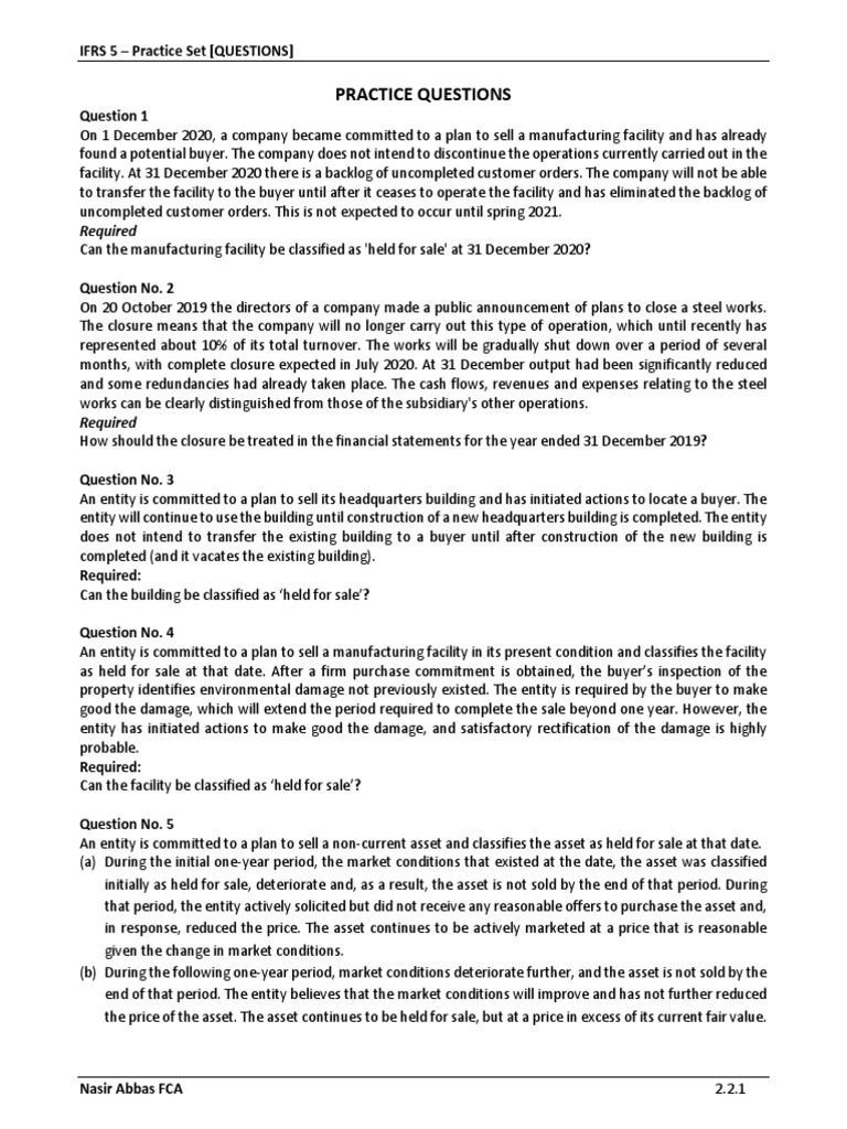 Practice Set (Questions) - IFRS 5 PDF | PDF