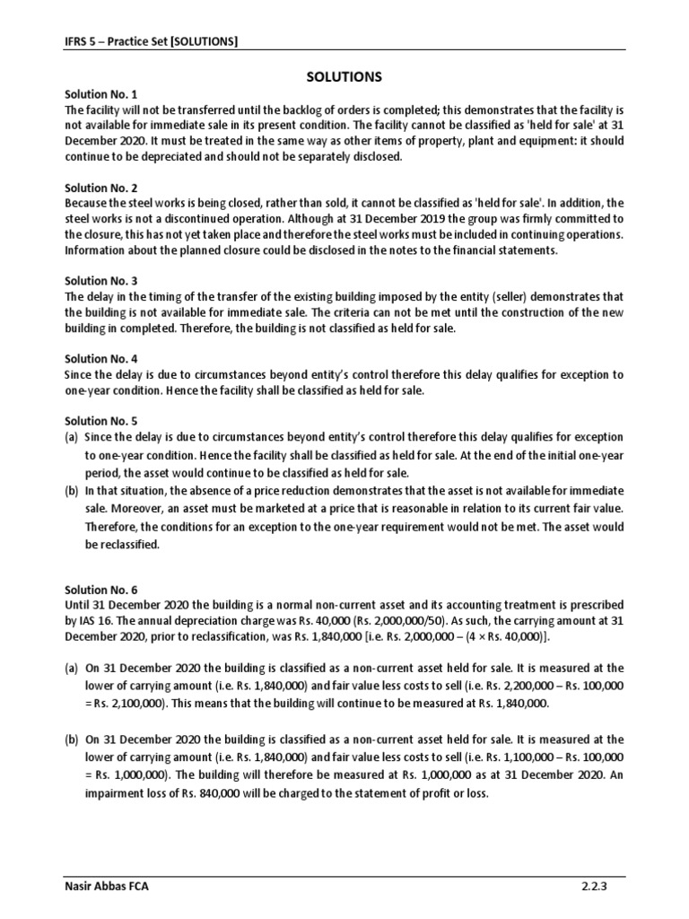 Practice Set (Solutions) - IFRS 5 | PDF