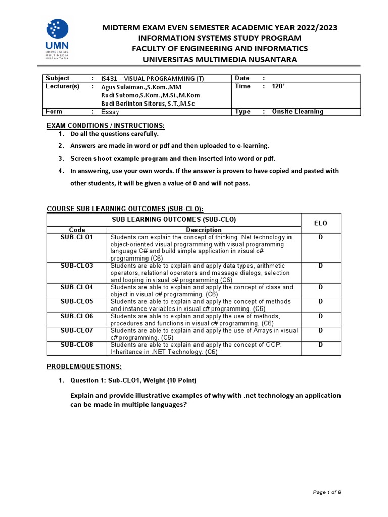 Midterm Exam Questions And Rubrics For Visual Programming Course Assessing Understanding Of