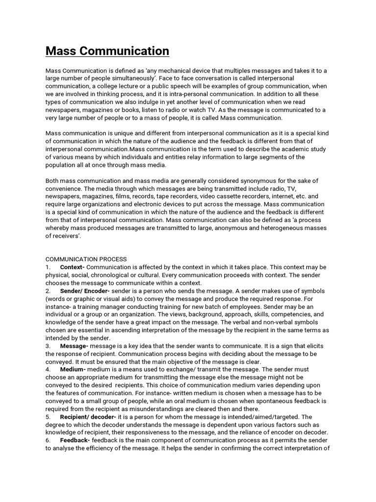 Mass Communication Notes Unit 1 | PDF