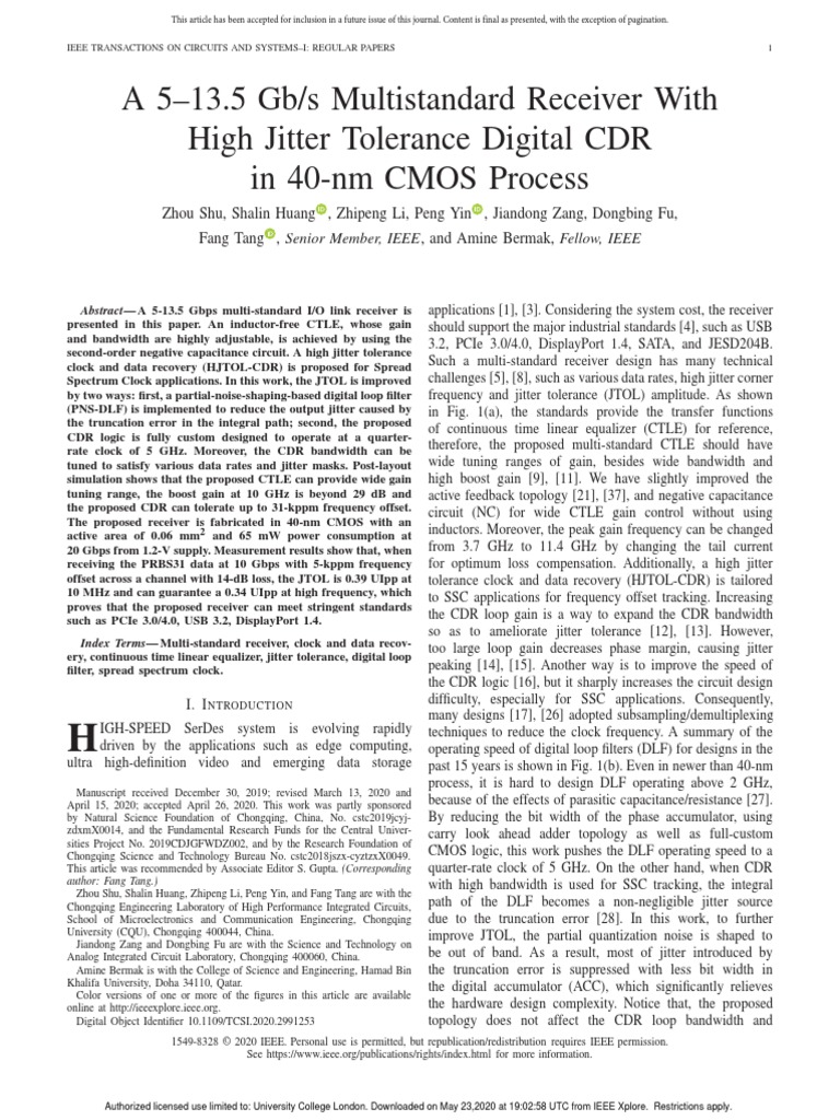 A 5-13.5 Gbs Multistandard Receiver With High Jitter Tolerance CDR PDF ...