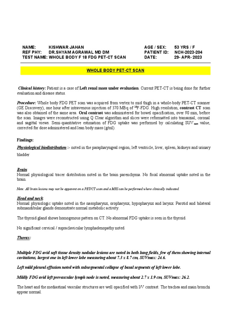 Whole Body FDG PET-CT Scan Report | PDF