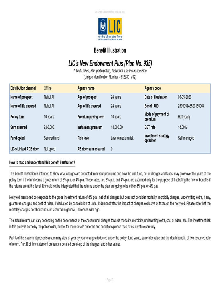 LIC's New Endowment Plus (Plan No. 935) : Benefit Illustration | PDF ...