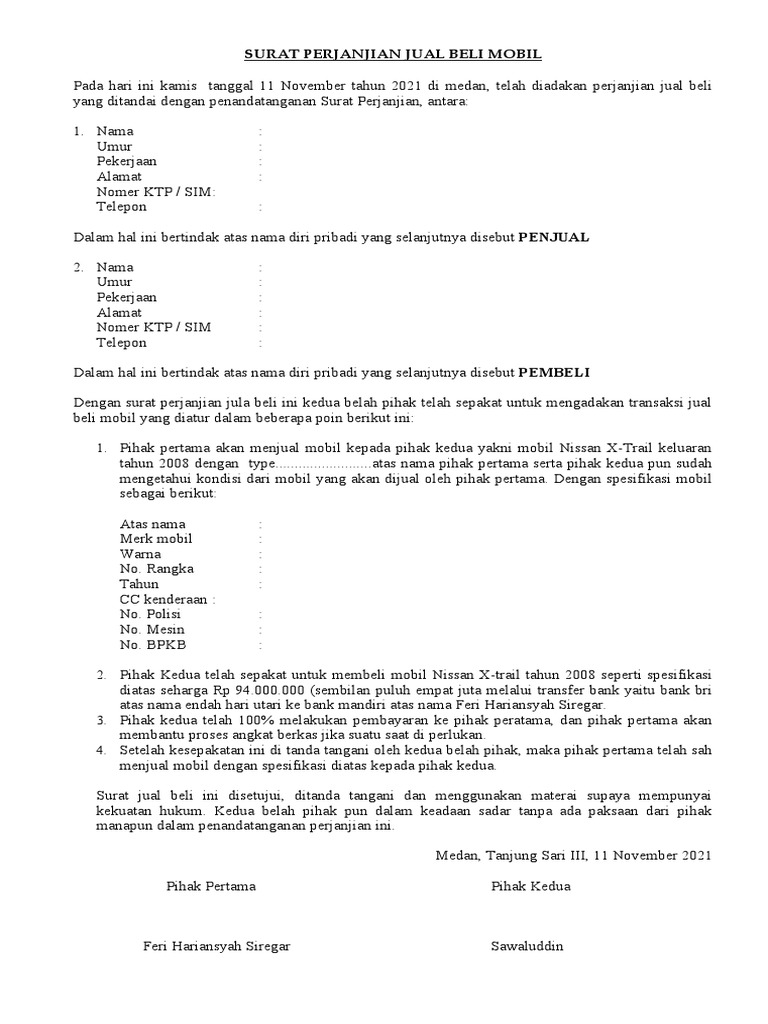 Surat Perjanjian Jual Beli Mobil | PDF