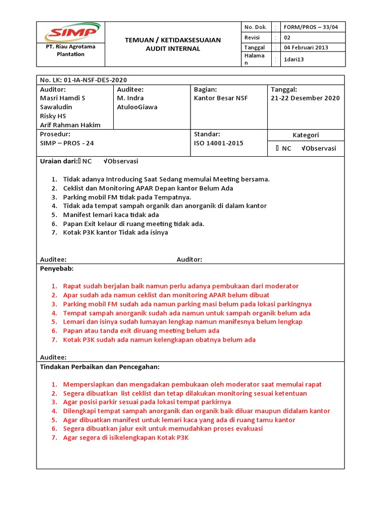 Contoh lembar kerja Audit internal SML ISO 14001-2015 di NSF Des 2020 | PDF