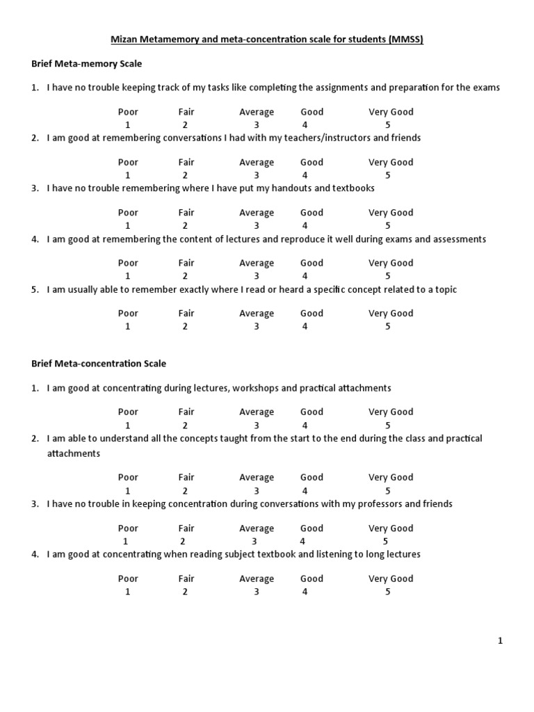 MMSS: Meta-memory & Concentration Scale | PDF | Career & Growth | Language Arts & Discipline