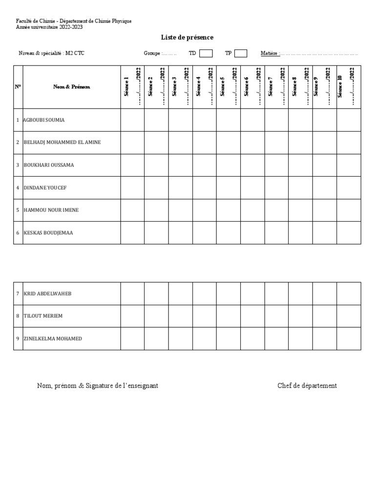 FICHE DE PRESENCE - TD Et TP-M2CTC PDF | PDF