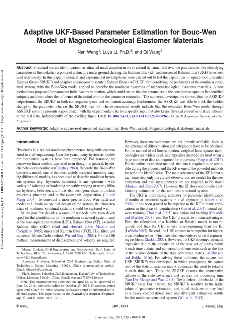 Adaptive Ukf Based Parameter Estimation For Bouc Wen Model Of Magnetorheological Elastomer 7182
