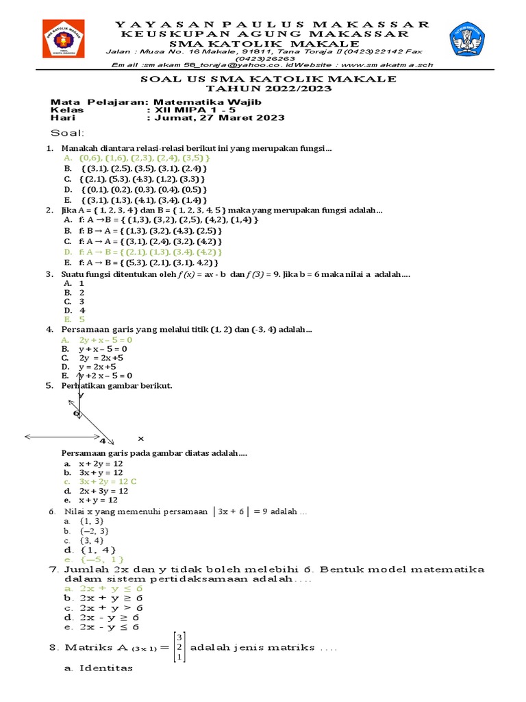 Soal Ujian Sekolah Matematika Wajib Kelas 12 Smakam 2023 | PDF
