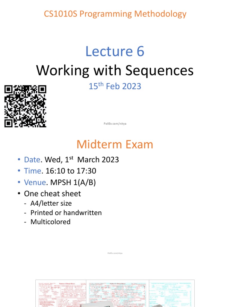 Cs1010s Lec 06 Working With Sequences Pdf Pdf Computer Science Computing