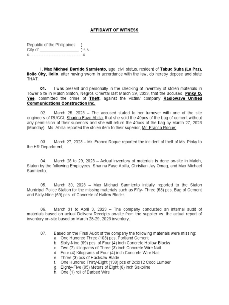 Affidavit of Theft Witness in Maloh Siaton | PDF