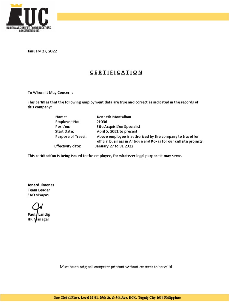Certificate of Employment - Kenneth TRAVEL AUTH.docx | PDF
