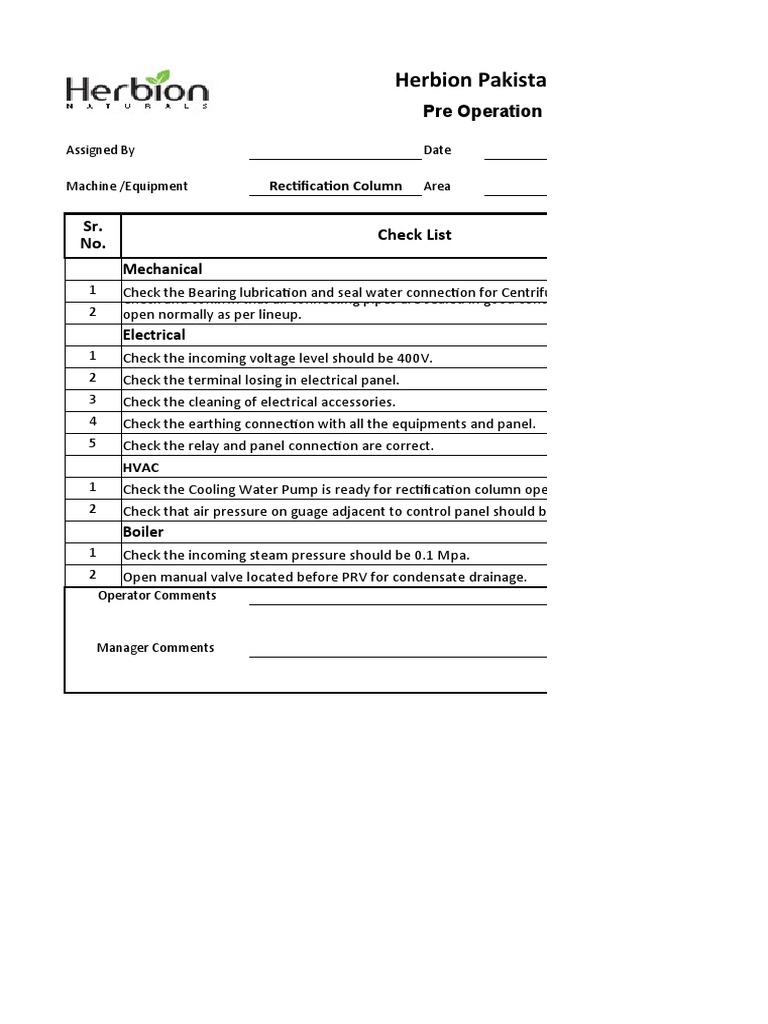 Sample Pre Operation Checklist | PDF