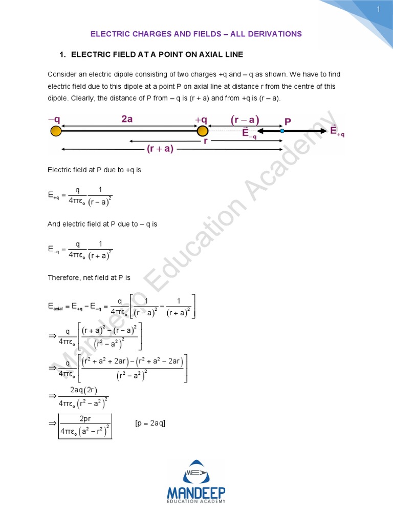 Electric Charges and Fields All Derivations PDF | PDF