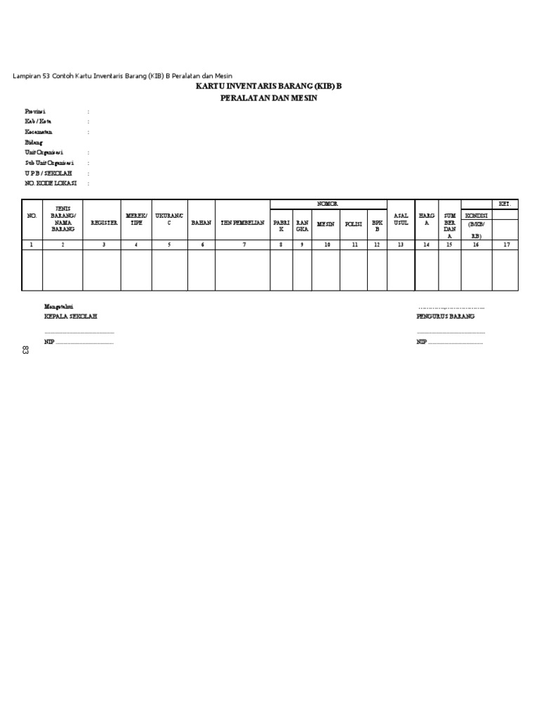Lampiran 53. Contoh Kartu Inventaris Barang (KIB) B Peralatan Dan Mesin | PDF