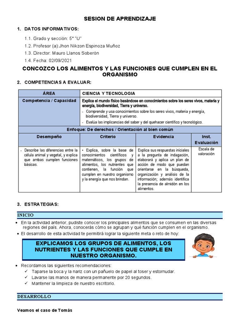 Sesion de Aprendizaje CT Los Alimentos | PDF