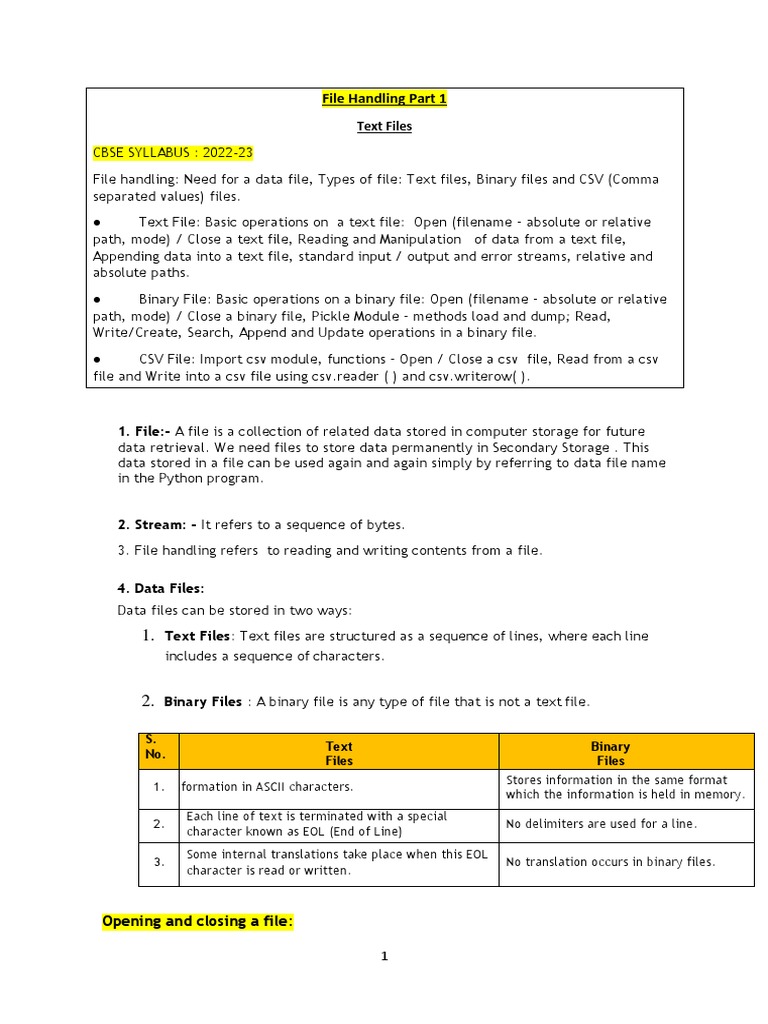2. Notes File Handling Term1 2022-23 | PDF | Comma Separated Values ...