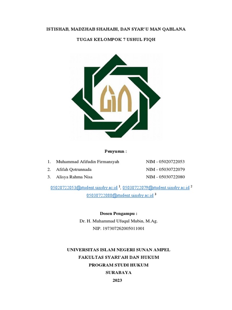 Kelompok 7, Istishab, Madzhab Shahabi, Dan Syar'u Man Qablana PDF | PDF ...