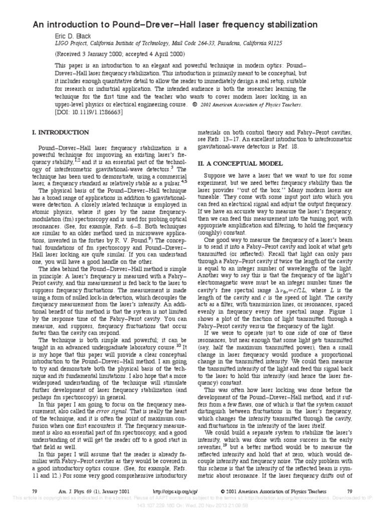 Pound-Drever-Hall Introduction AJP PDF | PDF | Resonance | Laser