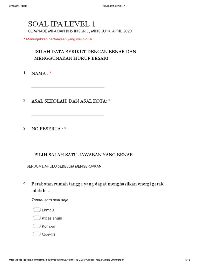 SOAL IPA LEVEL 1 - Google Formulir | PDF
