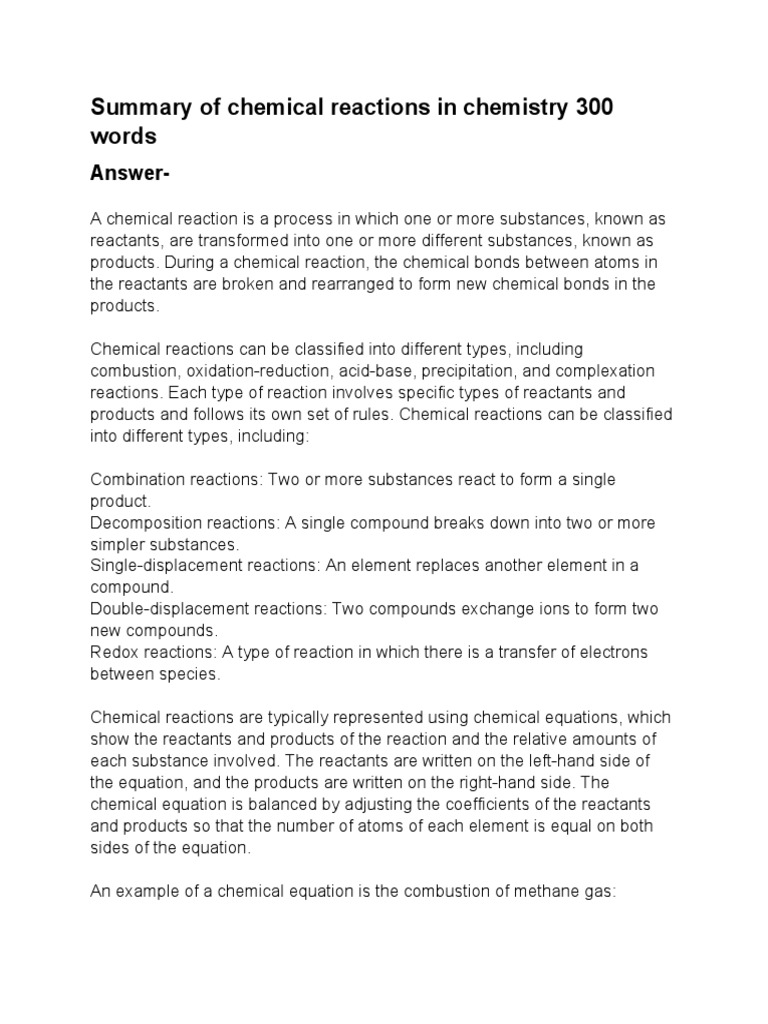 Summary of Chemical Reactions in Chemistry 300 Words | PDF