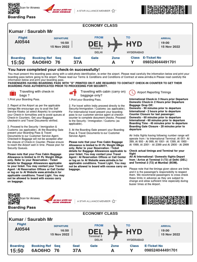 Your Boarding Pass To HYDERABAD - AIR INDIA PDF | PDF