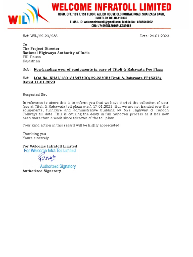 Delay in Equipment Handover at Toll Plaza | PDF