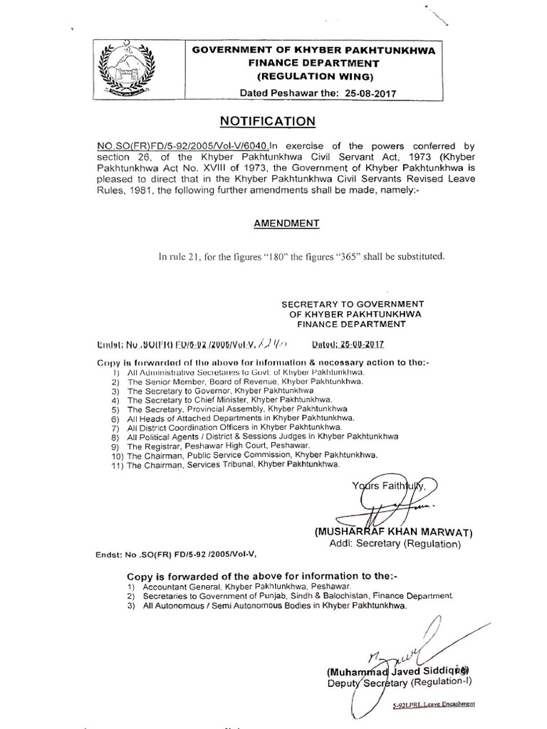 Amendments in The Khyber Pakhtunkhwa Civil Servants Revised Leave Rules ...