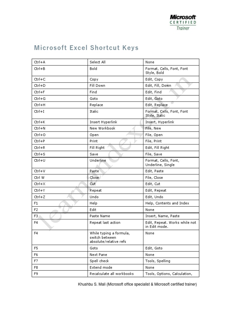 Microsoft Excel Shortcut Keys PDF | PDF | Microsoft Excel | Software