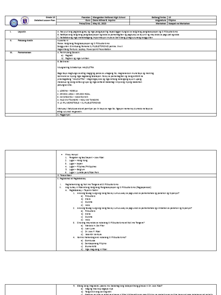 DLP Kaligirang Pangkasaysayan NG El Filibusterismo | PDF