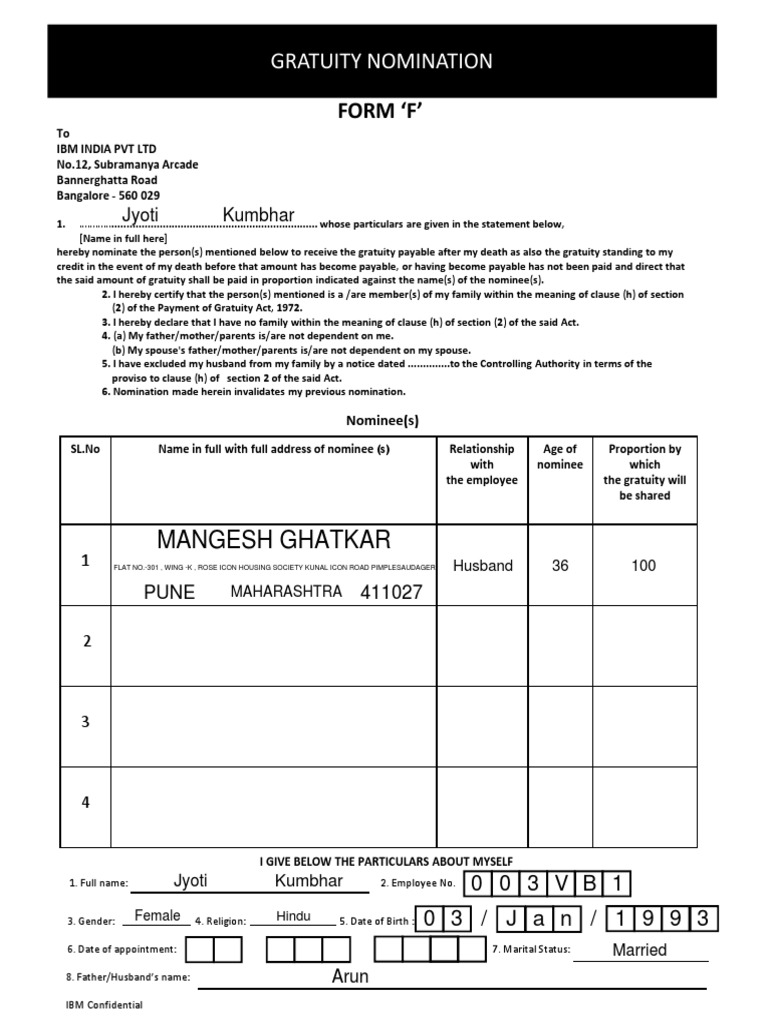 Gratuity Nomination Form F Sample | PDF | Social Institutions | Justice