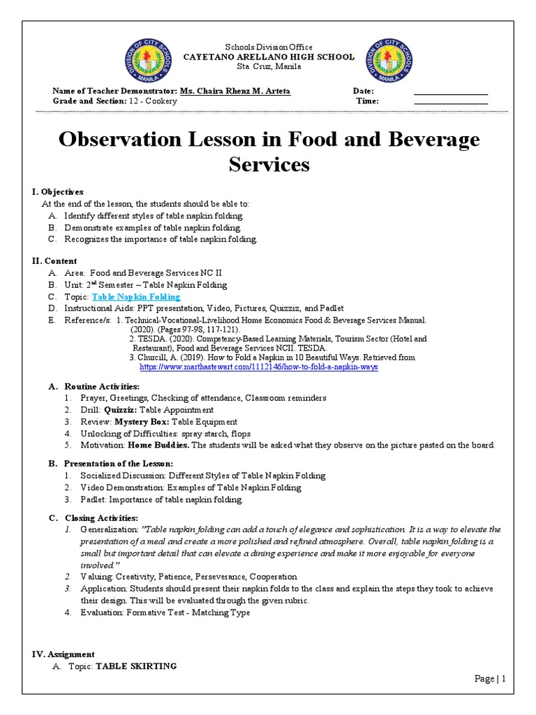 Lesson Plan in Table Napkin | PDF