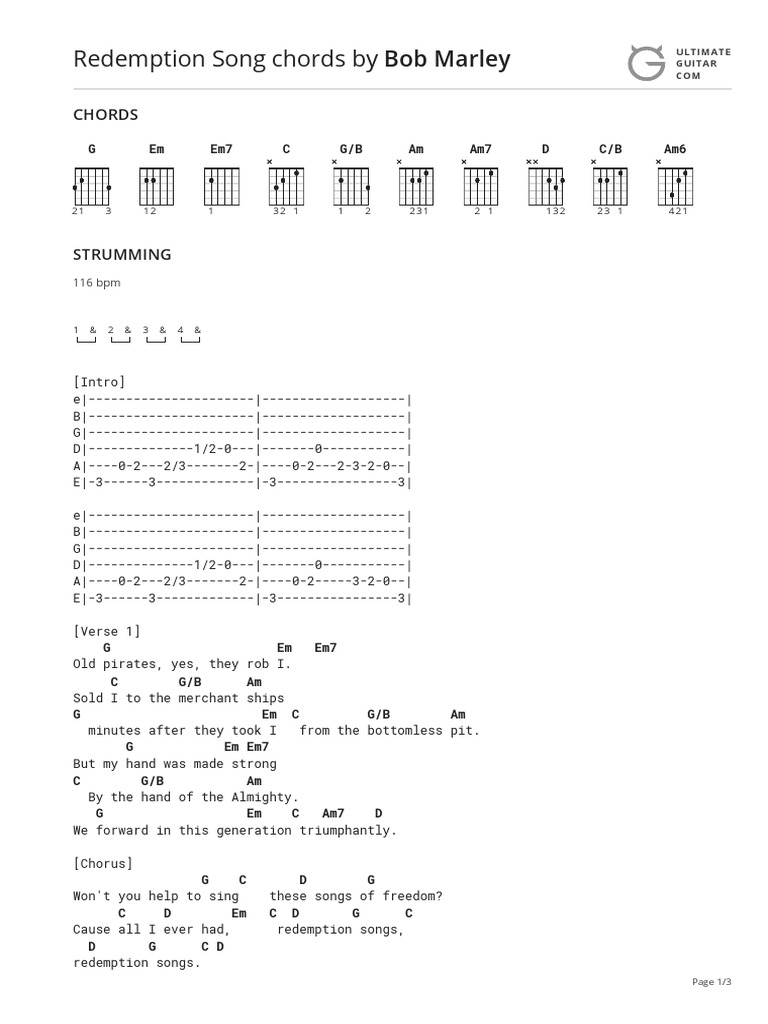 Redemption Song Chords (Ver 2) by Bob Marleytabs at Ultimate Guitar ...