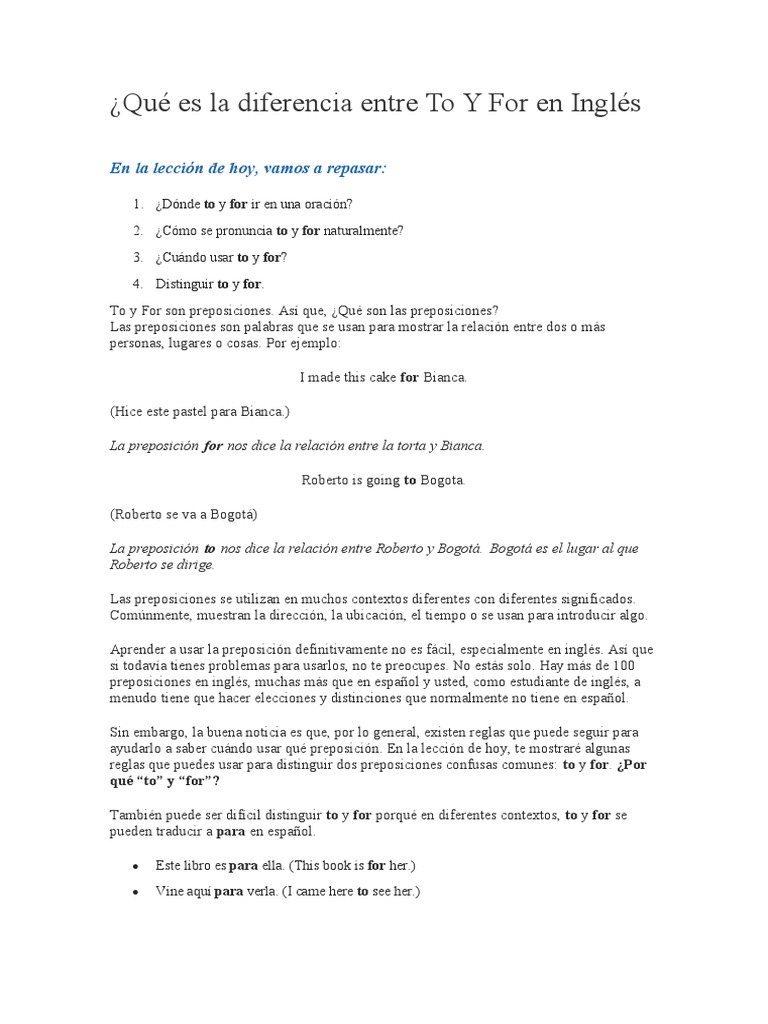 Qué es la diferencia entre To Y For en Inglés.docx | PDF | Verbo ...