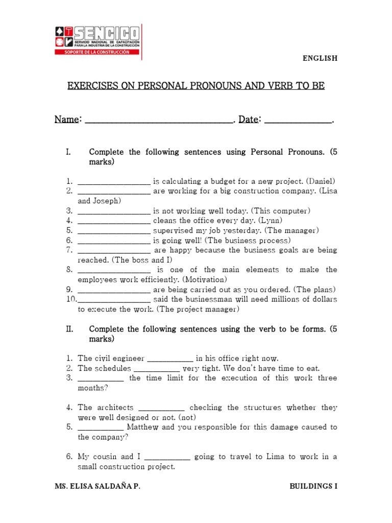Exercises On Personal Pronouns and Verb To Be | PDF | Framing ...