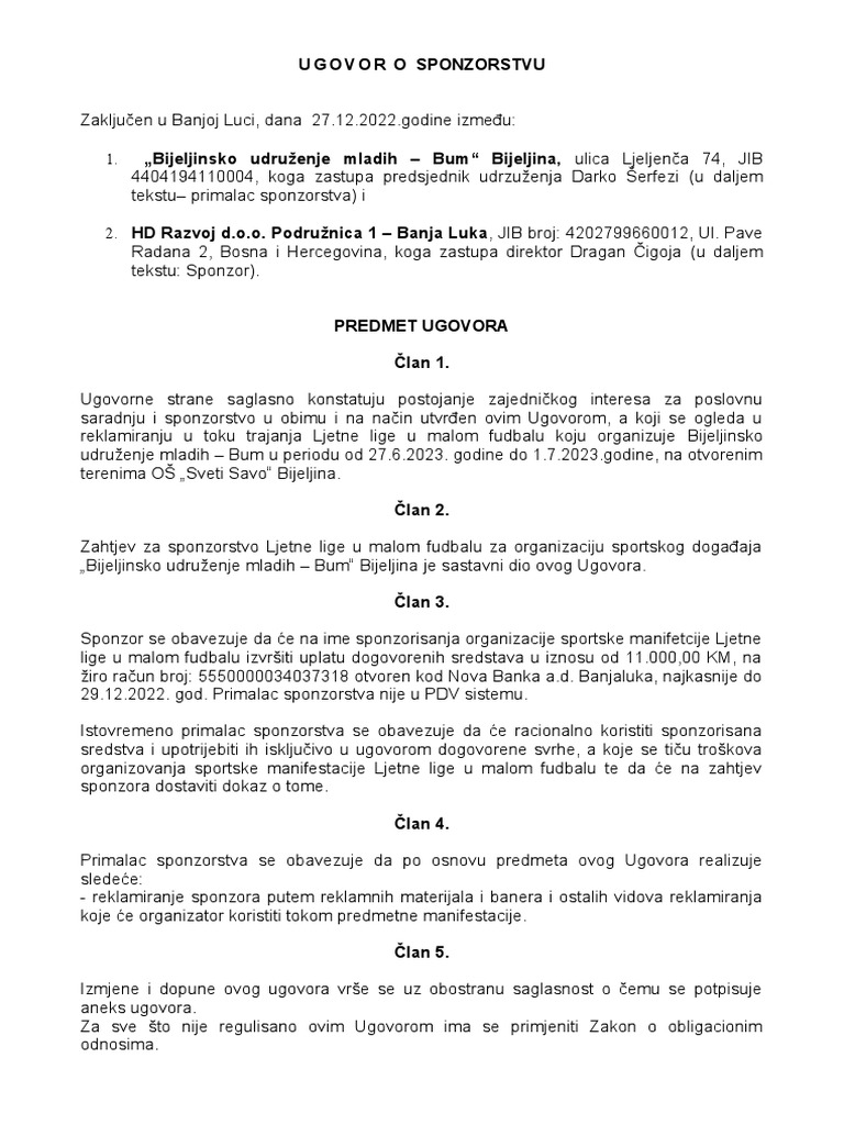 ugovor o sponzorstvu 2023 Fudbal udruženje (1).doc | PDF
