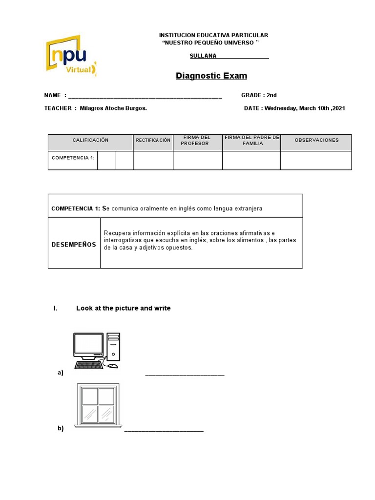 Diagnostic Exam 2do Grado | PDF