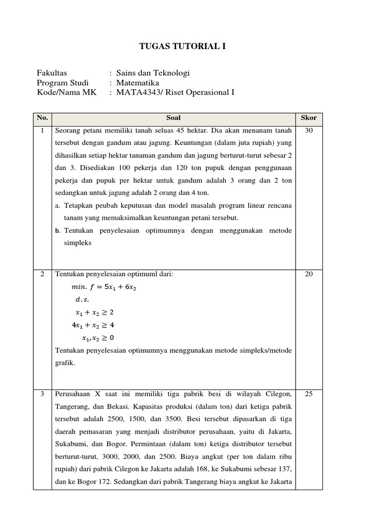 Tugas I Tuton MATA4343 Riset Operasional I | PDF