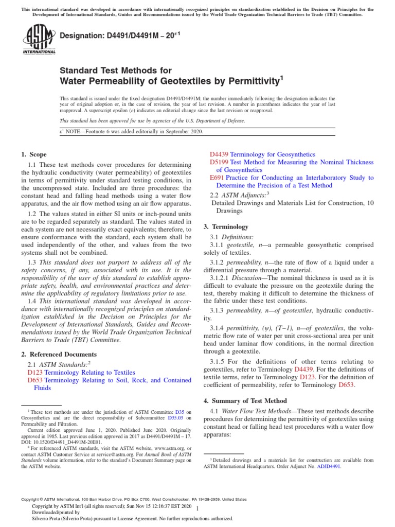 D4491D4491M.13061 - Water Permeability of Geotextiles by Permittivity | PDF