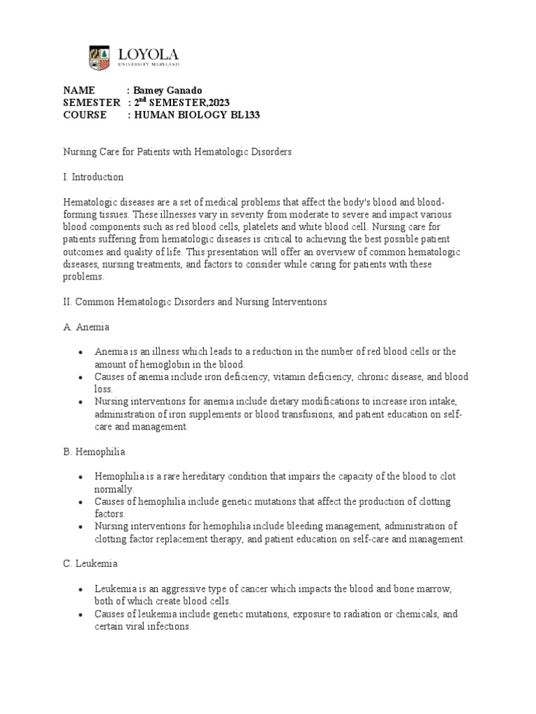 Nursing Care for Patients with Hematologic Disorders.docx | PDF