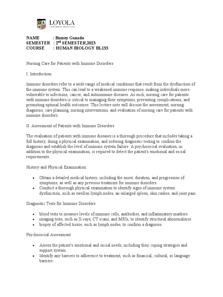 Nursing Care for Immune Disorders | PDF | Nursing | Medical Diagnosis