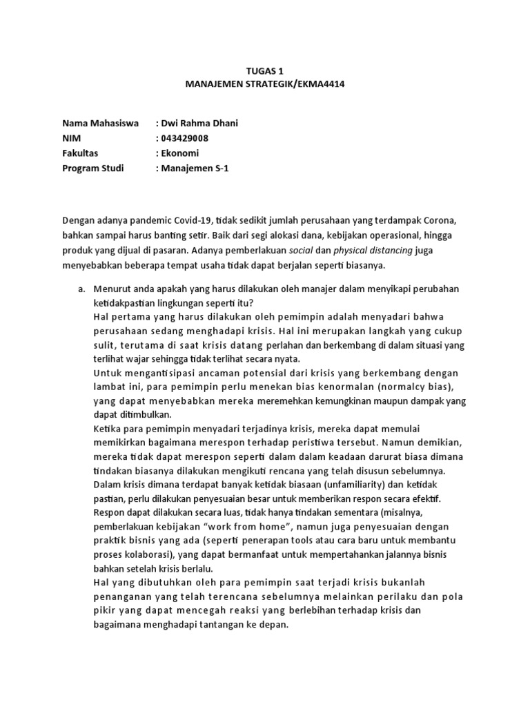 Tugas 1 Manajemen Strategik SM4 | PDF